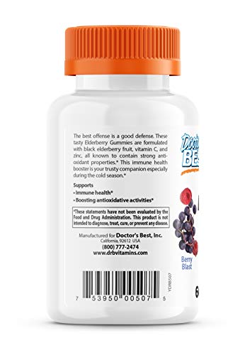Doctor's Best Elderberry Gummies with Vitamin C & Zinc, 60 Ct, Chewable Immune Support, Antioxidant Herbal Supplement, Non-GMO, Vegan (Packaging May Vary)