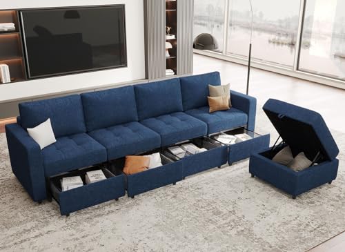 Belffin Fabric Convertible Modular Sectional Sofa Couch Modern L Shaped Sofa with Ottomans 5 Seater Sofa Sectionals Sleeper Couch with Reversible Chaise and Storage Drawers for Living Room Blue