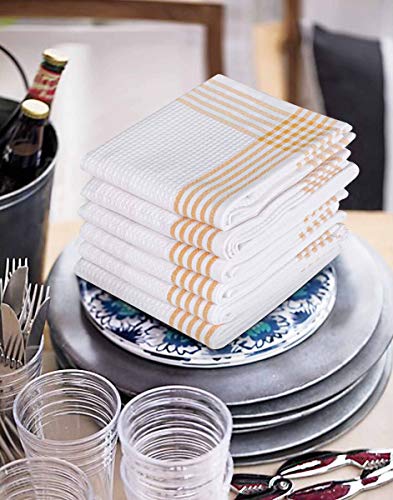 Softopia Cotton Set of 4 Border Waffle 100% Cotton Kitchen Dish Towels 18x26 Inches Absorbent Durable, Cleaning Towels with Hanging Loop, White Mustard Yellow