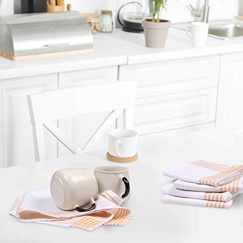 Softopia Cotton Set of 4 Border Waffle 100% Cotton Kitchen Dish Towels 18x26 Inches Absorbent Durable, Cleaning Towels with Hanging Loop, White Mustard Yellow
