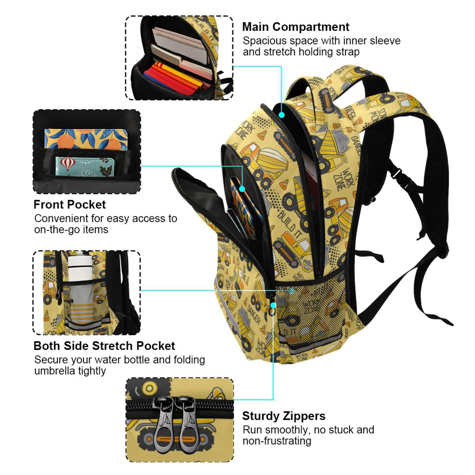 Truck Boys Backpack Yellow Excavator Kids Elementary School Bookbag Travel Rucksack Laptop Bag