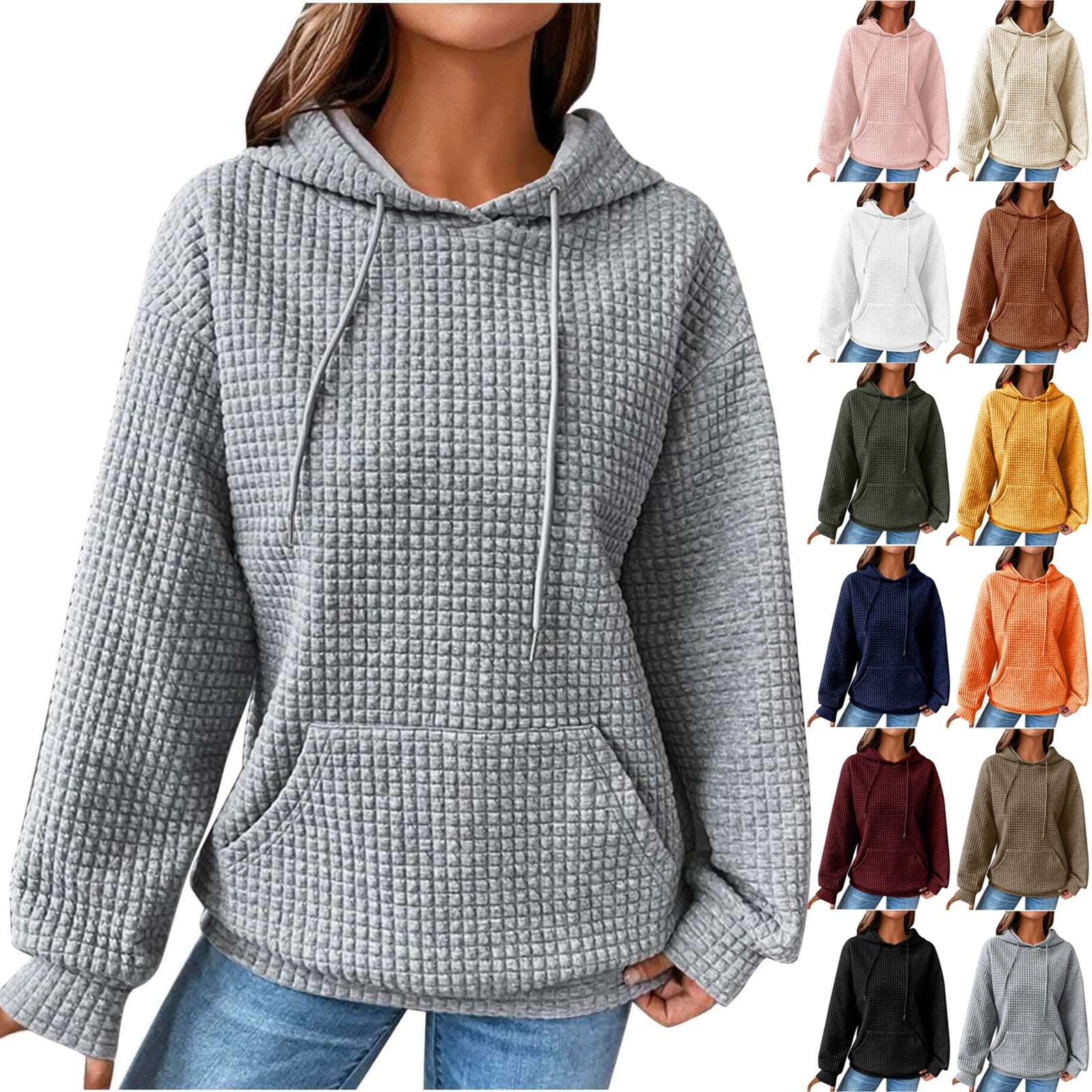 Dlongni Waffle Hoodies for Women Cute Drop Shoulder Knit Oversized Sweatshirt with Pocket Long Sleeve Drawstring Hooded Pullover