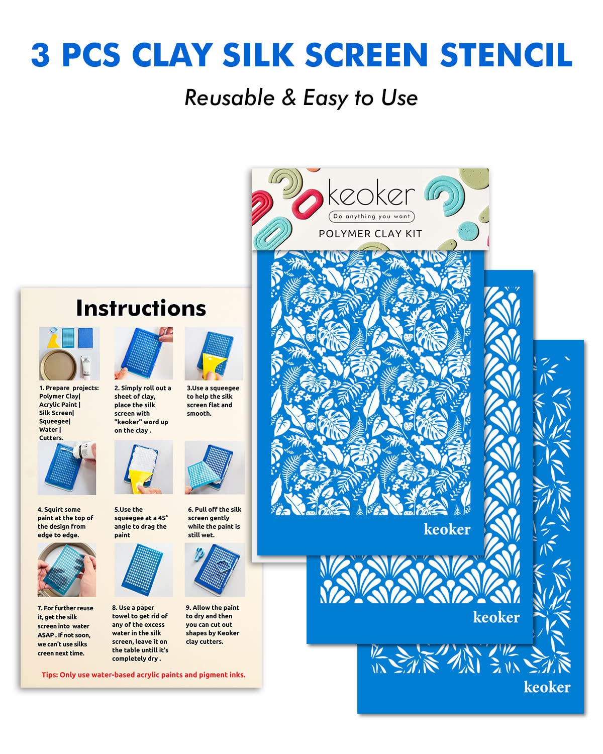 Silk Screen Stencils for Polymer Clay, 3 PCS Reusable Silkscreen Print Kit,for Printing on Clay & Other Jewelry Clay Earrings Decoration, Each 6" X 3.8"
