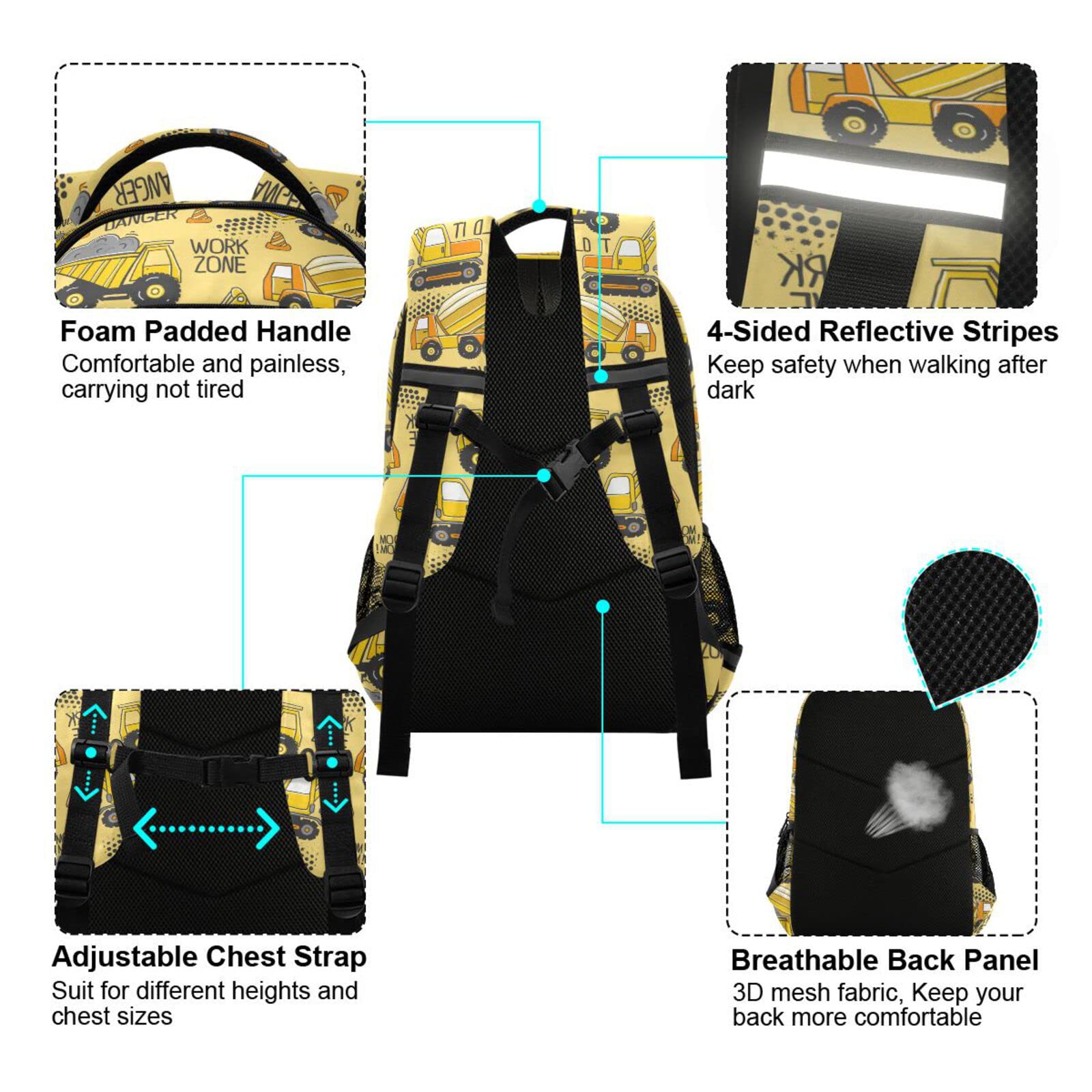Truck Boys Backpack Yellow Excavator Kids Elementary School Bookbag Travel Rucksack Laptop Bag