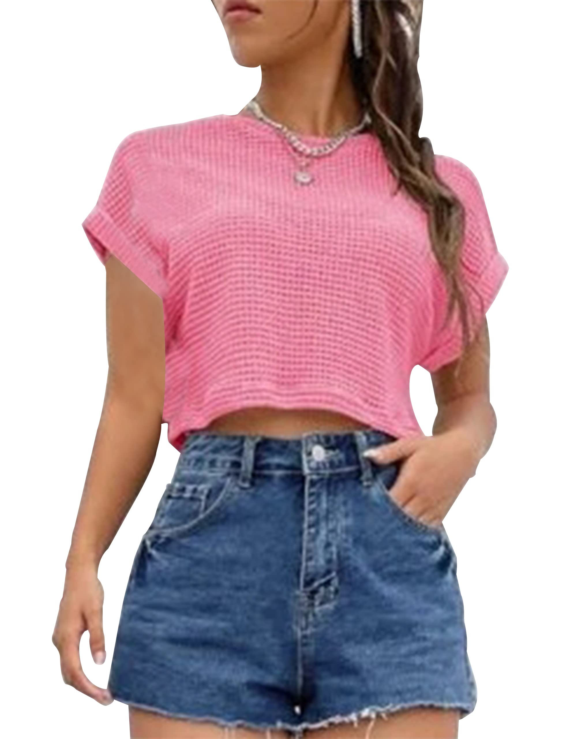 Meladyan Women’s Casual Waffle Knit Crop Tee Top Batwing Short Sleeve Crew Neck Solid Cropped T Shirt Tops Pink