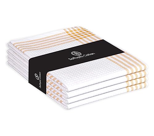 Softopia Cotton Set of 4 Border Waffle 100% Cotton Kitchen Dish Towels 18x26 Inches Absorbent Durable, Cleaning Towels with Hanging Loop, White Mustard Yellow