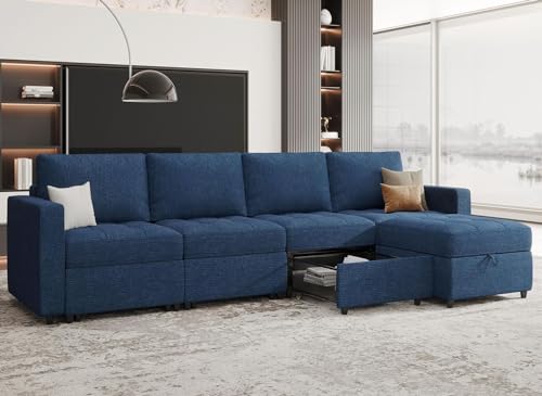 Belffin Fabric Convertible Modular Sectional Sofa Couch Modern L Shaped Sofa with Ottomans 5 Seater Sofa Sectionals Sleeper Couch with Reversible Chaise and Storage Drawers for Living Room Blue