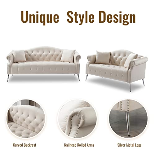 Homtique Sofa Set for Living Room 2 Piece, Modern Velvet Loveseat Sofa Set Upholstered Button Tufted Nailhead Trimming Rolled Arm and Metal Legs, Velvet Sofa Couch with 4 Pillows(Beige)