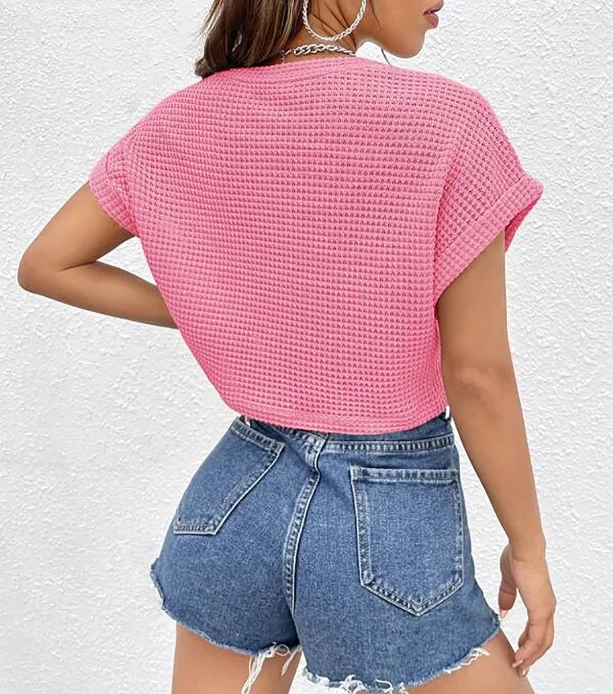 Meladyan Women’s Casual Waffle Knit Crop Tee Top Batwing Short Sleeve Crew Neck Solid Cropped T Shirt Tops Pink