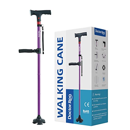 Cane for Women, Doctor. Roo Canes for Seniors with LED Light, Two Types of Bases, Walking Cane Adjustable Between 33.5-38 Inches, Stand up Armrest, Supports up to 250 Pounds (Purple)