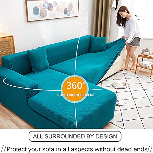 TVPFM Jacquard 2 Piece Sectional Couch Covers, Spandex Soft Stretch Sofa Slipcover Elastic Bottom Washable L-Shaped Sofa Covers for Living Room Pets Cat Dog-Blue C-4 Seater+4 Seater