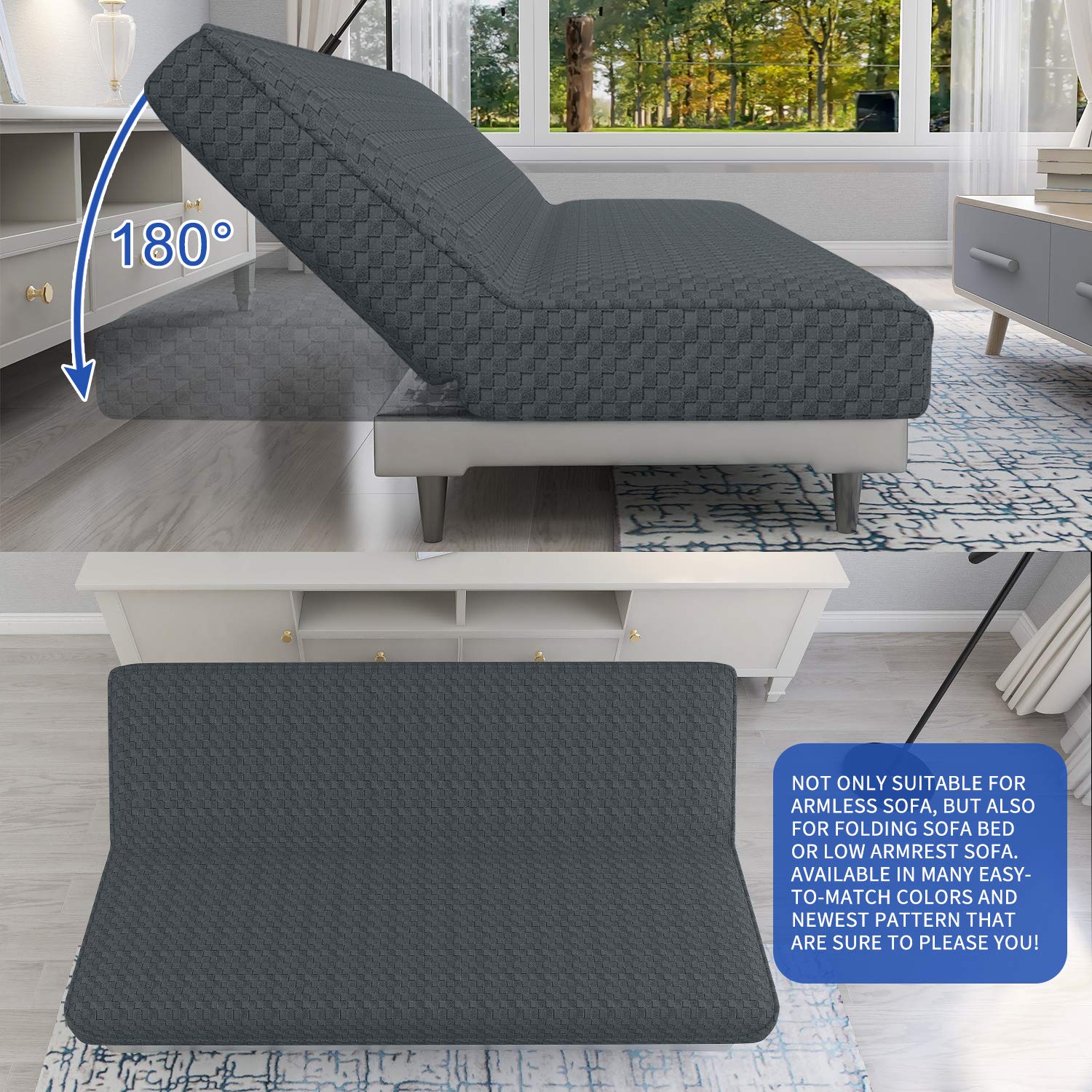 MAXIJIN Jacquard Futon Cover Stretch Armless Sofa Cover Soft Slipcover with Elastic Bottom Thick Furniture Protector for Washable Futon (Dark Gray)