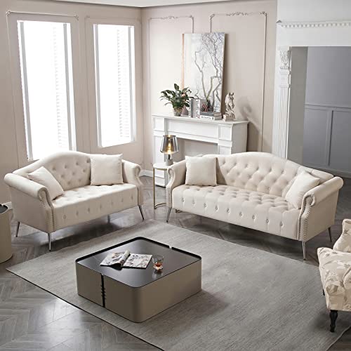 Homtique Sofa Set for Living Room 2 Piece, Modern Velvet Loveseat Sofa Set Upholstered Button Tufted Nailhead Trimming Rolled Arm and Metal Legs, Velvet Sofa Couch with 4 Pillows(Beige)