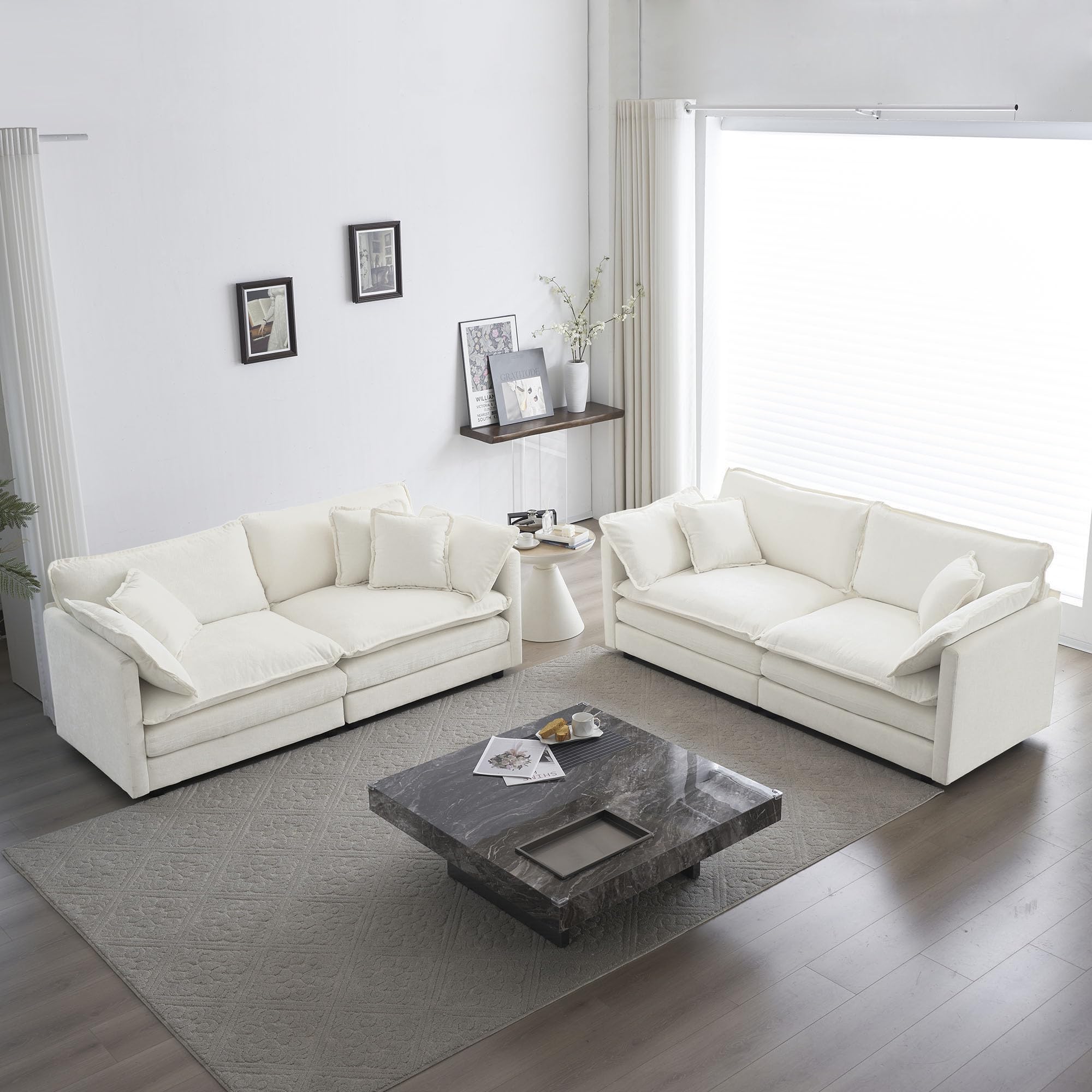 ANZEHOME 76.7" Loveseat Sofa Couch for Living Room, Modern Upholstered 2 Seat Sofa, Sectional Sofa Couch with 4 Toss Pillows, Deep Seat Loveseat for Apartment, Chenille Fabric - White