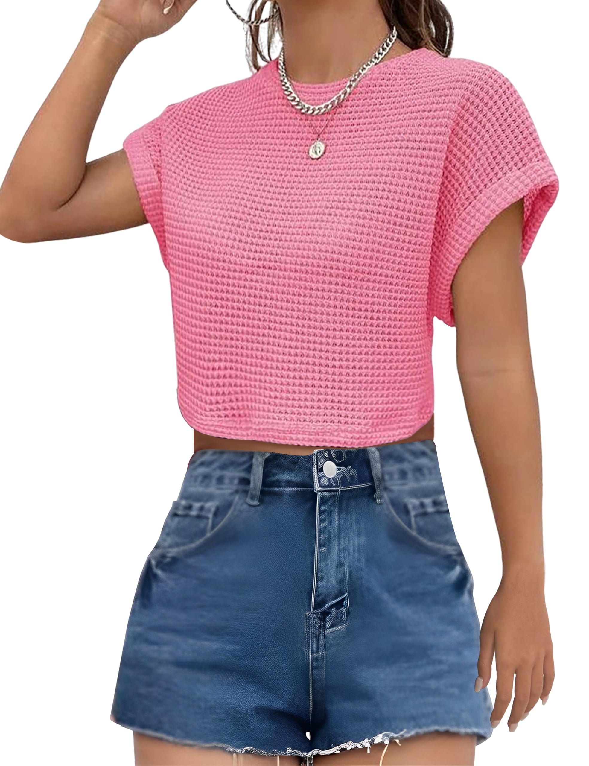 Meladyan Women’s Casual Waffle Knit Crop Tee Top Batwing Short Sleeve Crew Neck Solid Cropped T Shirt Tops Pink