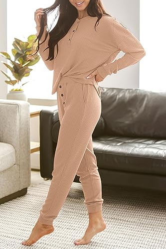 PRETTYGARDEN Women's 2 Piece Waffle Knit Lounge Outfit Long Sleeve Henley Top and Sweatpants Set Tracksuit (Khaki,Medium)