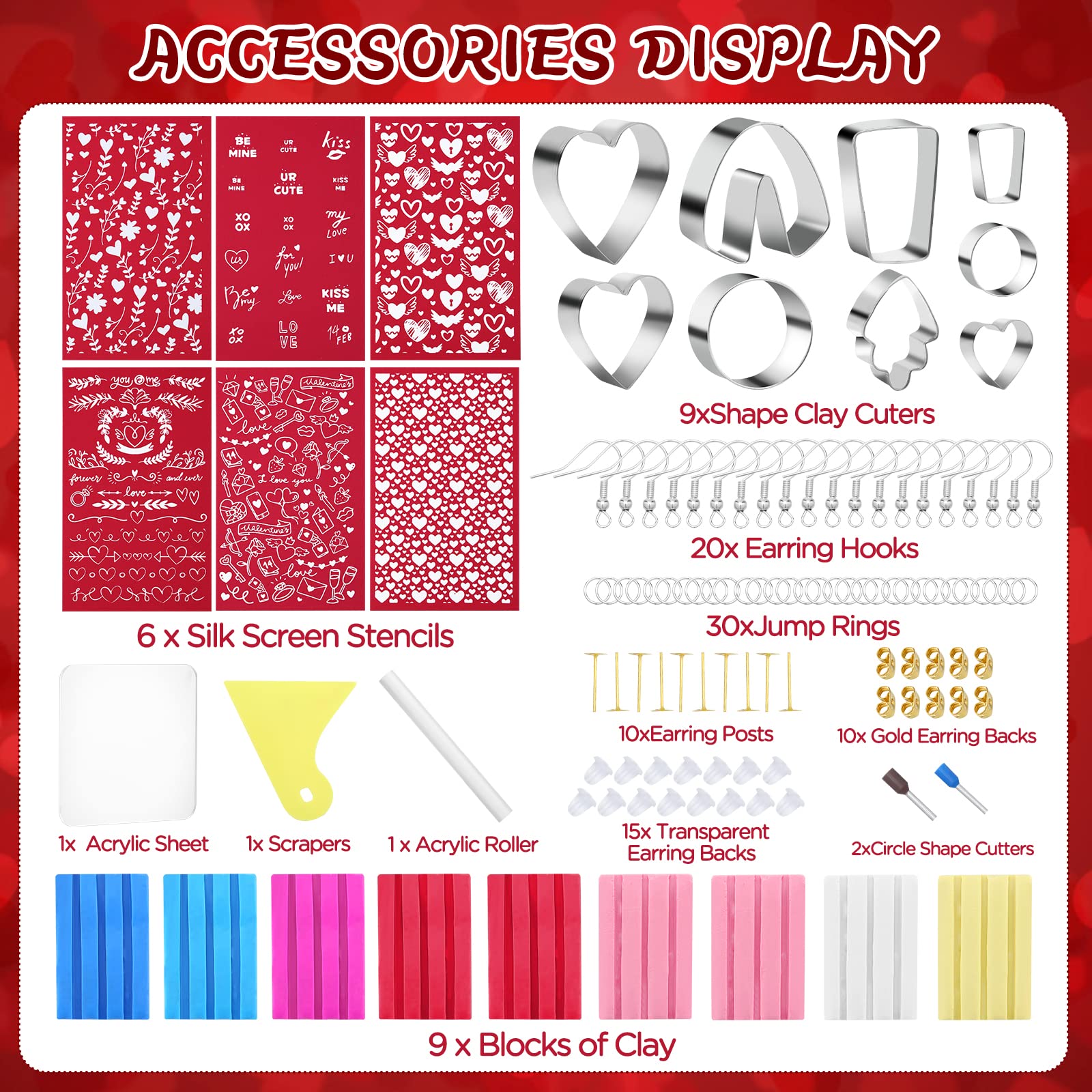 Rumia 114Pcs Polymer Clay Earring Making Kit: 6 Stencils, 9 Colors & Shapes, Tools & Accessories - Valentine's Day Gift