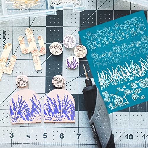 OLYCRAFT 4x5 Inch Silk Screen for Polymer Clay Poppy Lavender Clay Stencils Sunflower Fern Leaves Silk Screen Printing Stencils Non-Adhesive Mesh Transfer for Polymer Clay Earrings Jewelry Making