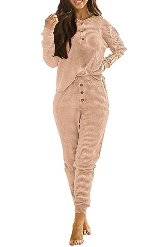 PRETTYGARDEN Women's 2 Piece Waffle Knit Lounge Outfit Long Sleeve Henley Top and Sweatpants Set Tracksuit (Khaki,Medium)
