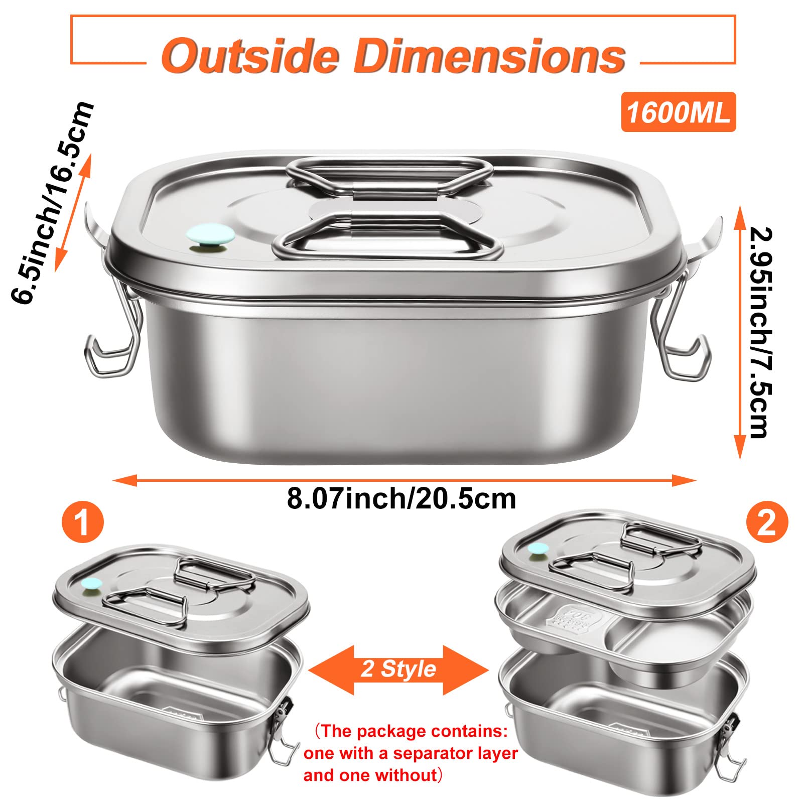 Romooa Stainless Steel Bento Boxes with Airtight Valve and Handle, Set of 2 Leakproof Metal Lunch Containers, 1600ml Capacity, BPA Free, Dishwasher Safe