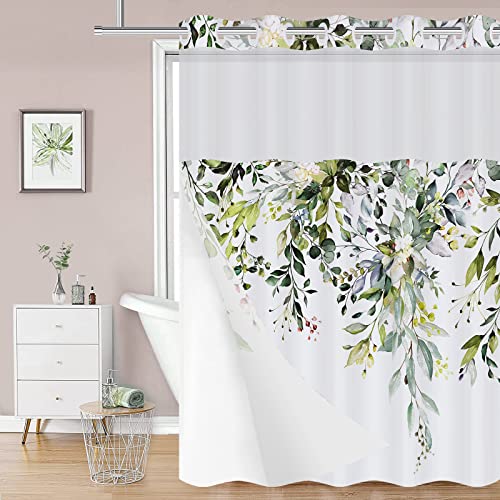REZAYMRS Green Floral 3 in 1 Shower Curtain No Hooks, 71x74 inch Waterproof & Washable, Polyester Snap in Fabric Liner, Sheer Top Window, Double Layer Bathtubs Hotel Shower Curtains Set