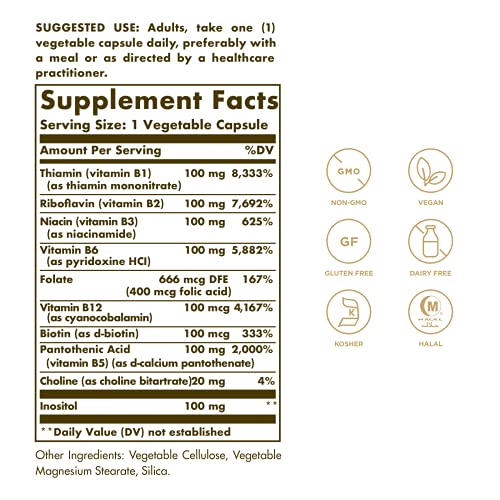 Solgar B-Complex "100", 100 Vegetable Capsules - Heart Health - Nervous System Support - Supports Energy Metabolism - Non GMO, Vegan, Gluten/ Dairy Free, Kosher, Halal - 100 Servings