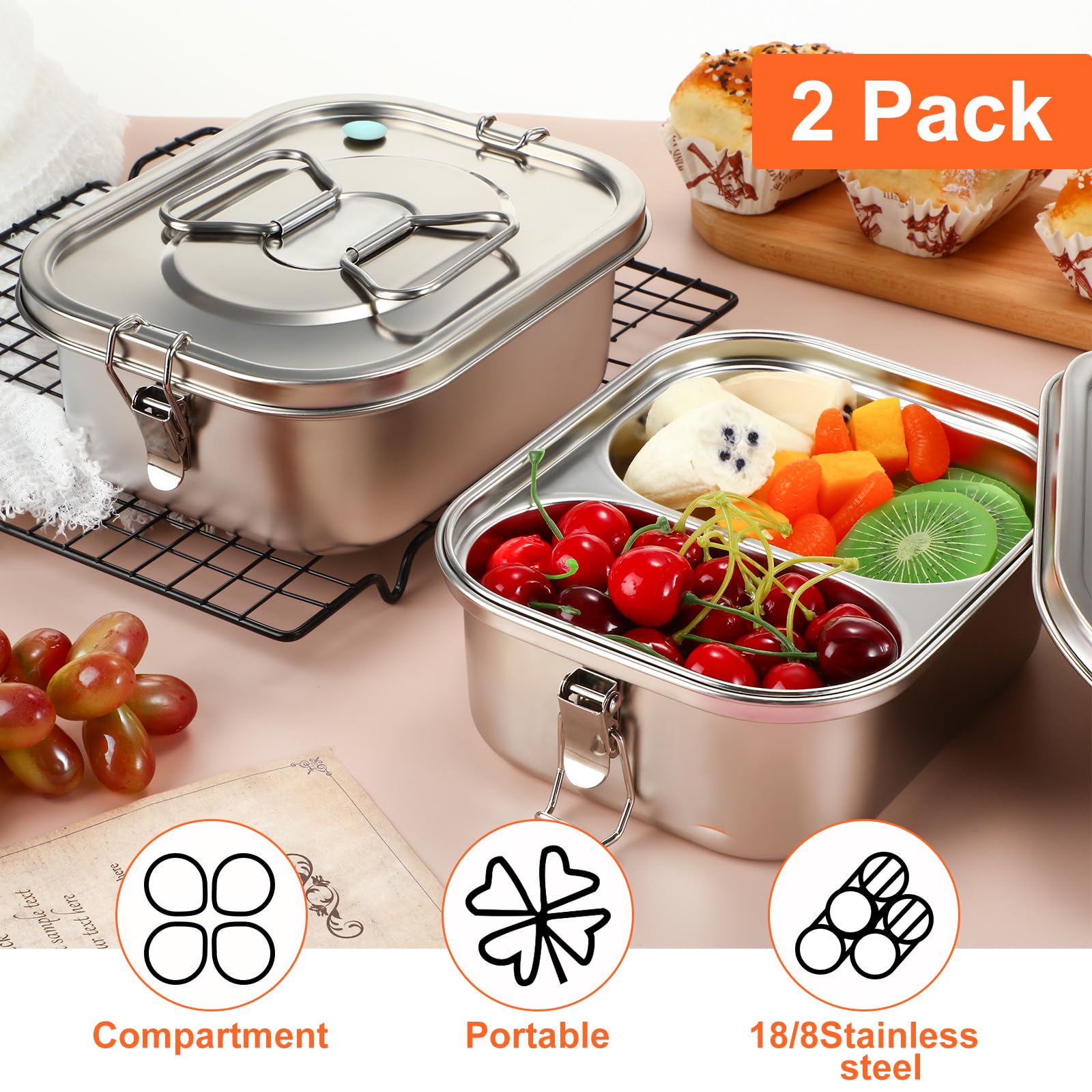 Romooa Stainless Steel Bento Boxes with Airtight Valve and Handle, Set of 2 Leakproof Metal Lunch Containers, 1600ml Capacity, BPA Free, Dishwasher Safe