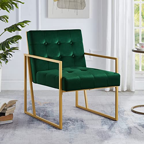 24KF Modern Jade Velvet Button Tufted Accent Chair with Golden Metal Stand, Decorative Furniture Chairs for Living Room Bedroom -Jade