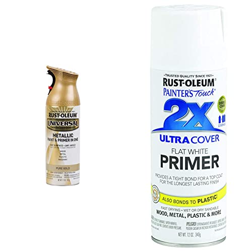 Rust-Oleum Pure Gold 245221 Universal All Surface Spray Paint, 11 oz, Metallic, 11 Ounce (Pack of 1) & 249058 Painter's Touch 2X Ultra Cover, 12 Fl Oz (Pack of 1), Flat White Primer, 12 Ounce