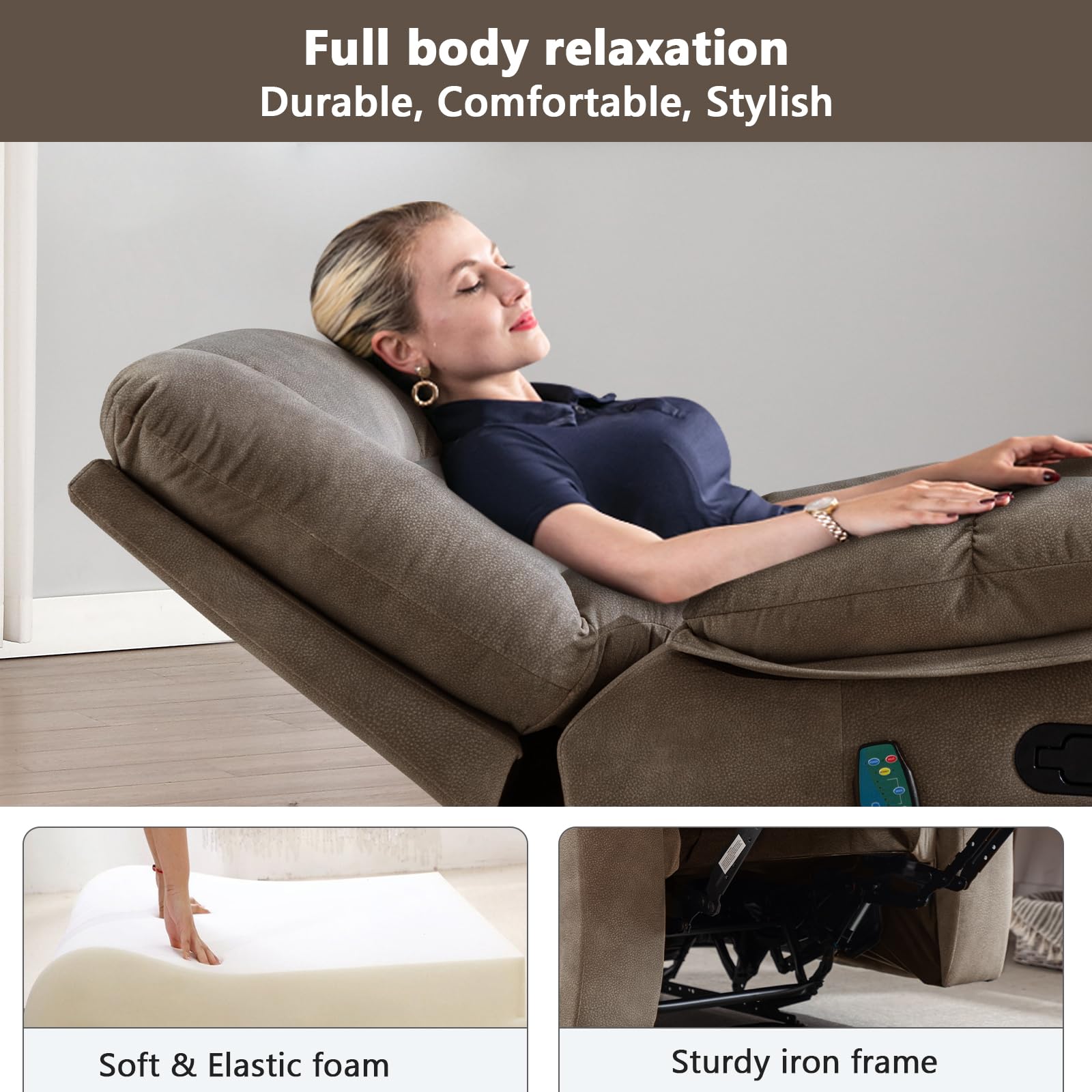 ANJHOME Overstuffed Massage Recliner Chairs with Heat and Vibration, Soft Fabric Single Manual Reclining Chair for Living Room Bedroom (Brown)