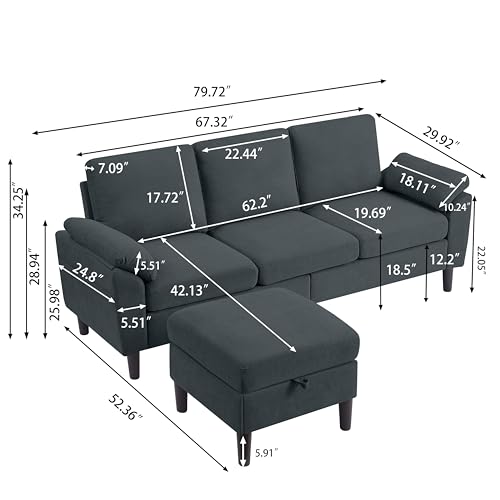Pingliang Home 79" Convertible Sectional Sofa, Small L Shaped 3-Seat Couch with Reversible Chaise, Modern Linen Sofas Couches for Living Room, Apartment and Small Space, Dark Grey