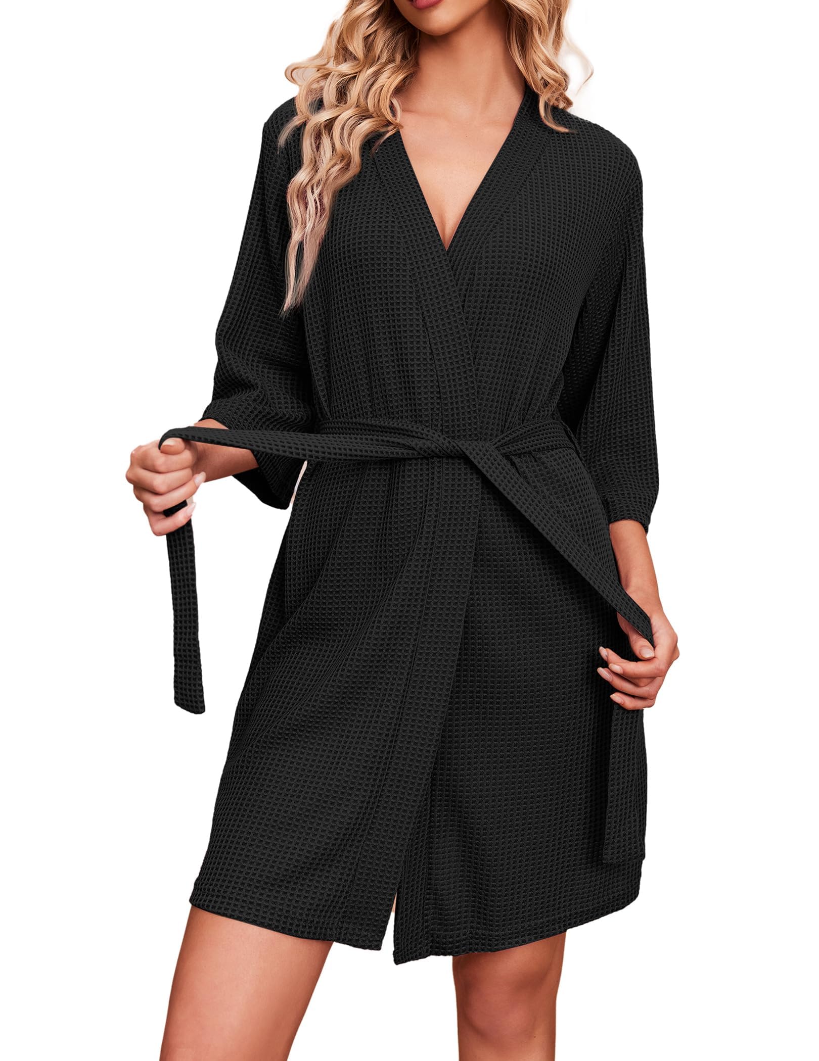 Ekouaer Robes for Women Waffle Knit Bathrobe Soft Lightweight Knee Length Loungewear