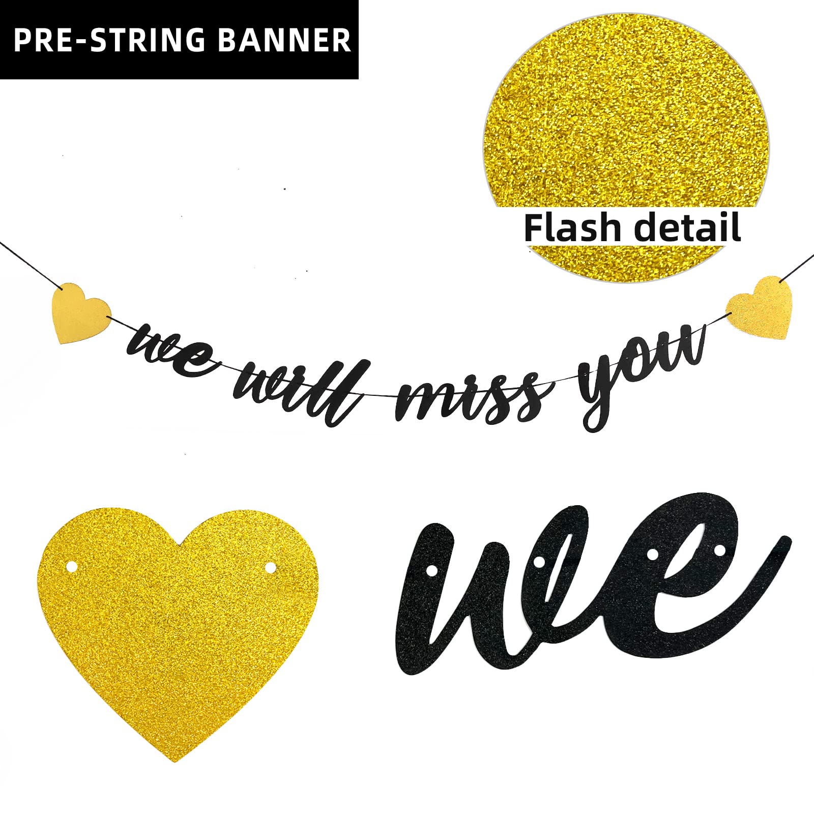 We Will Miss You Banner Sign for Retirement Farewell Party Decorations Black Glitter Pre-Strung Banner for Goodbye Party (Gold Heart)