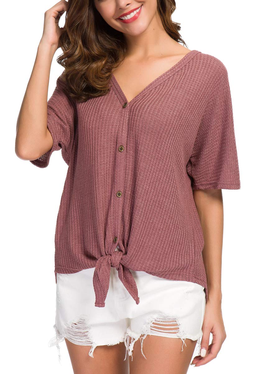 IWOLLENCE Womens Waffle Knit Tunic Blouse Tie Knot Short Sleeve Henley Tops Loose Fitting Bat Wing Shirts Rust Red, XL