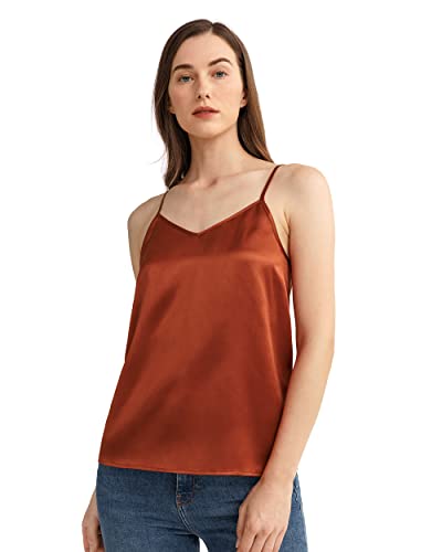 LilySilk Women's Silk Camisole 100 Mulberry 22MM V Neck Front and Back Basic Soft Tank Tops for Ladies,Red Clay XL