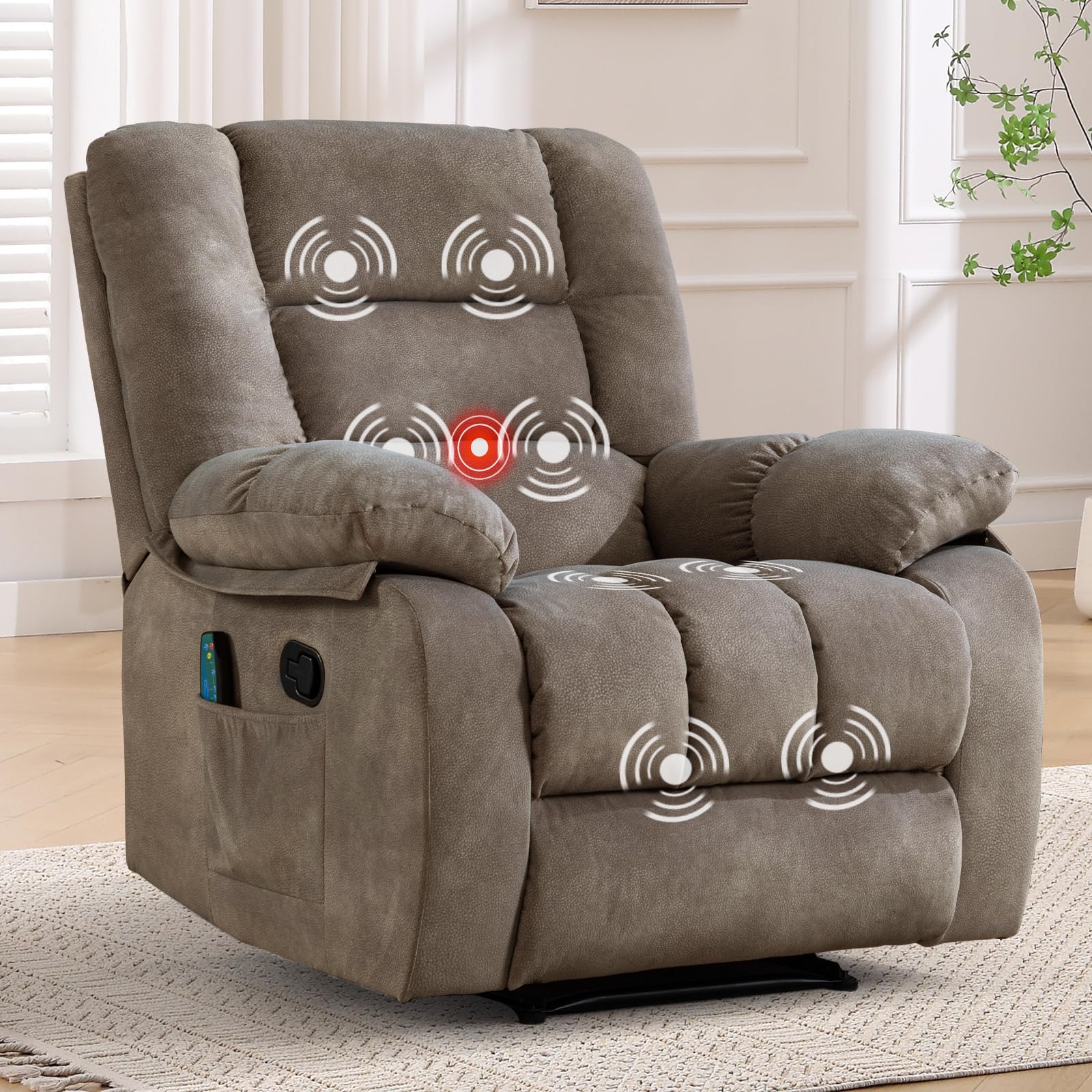ANJHOME Overstuffed Massage Recliner Chairs with Heat and Vibration, Soft Fabric Single Manual Reclining Chair for Living Room Bedroom (Brown)