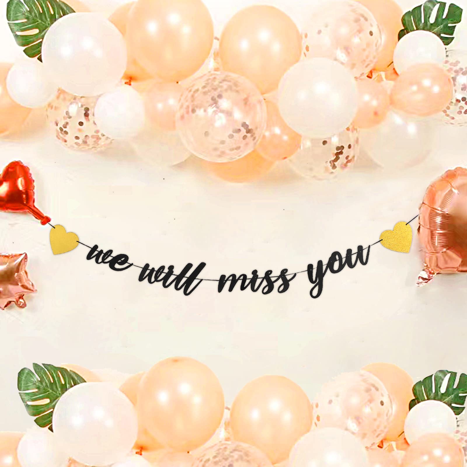 We Will Miss You Banner Sign for Retirement Farewell Party Decorations Black Glitter Pre-Strung Banner for Goodbye Party (Gold Heart)