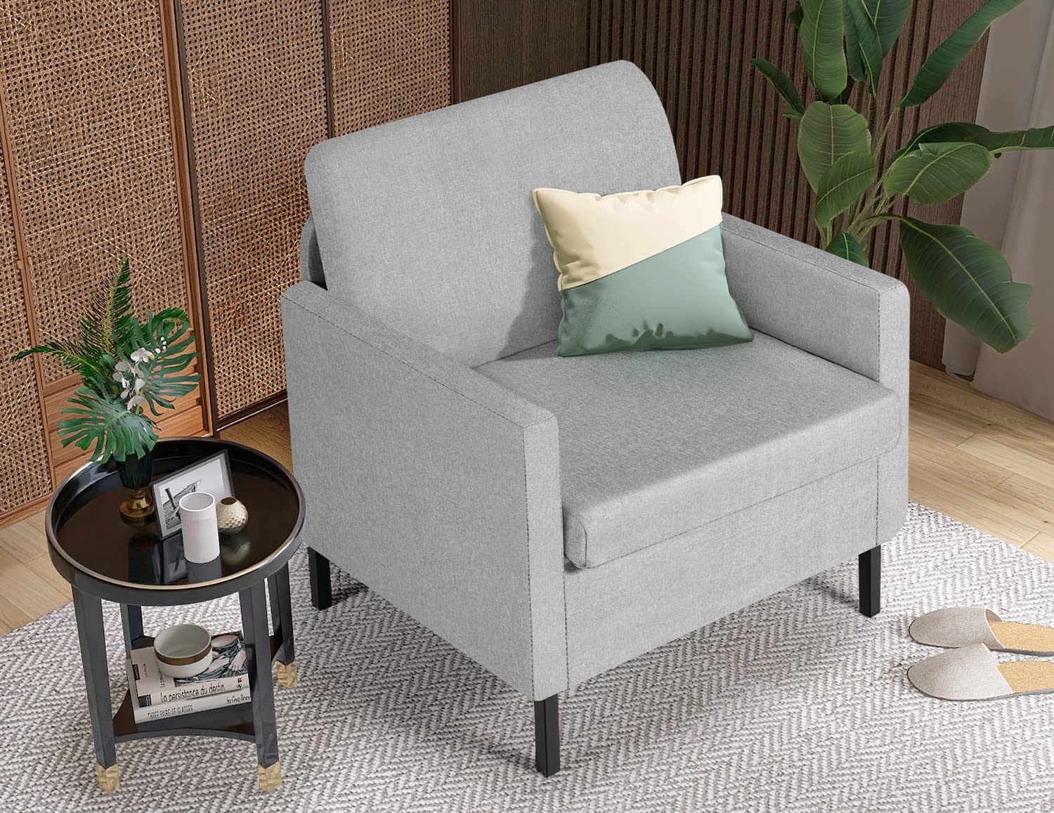 TYBOATLE Modern Upholstered Linen Fabric Accent Arm Chairs, Living Room Single Sofa Chair with Metal Legs, Comfy Reading Lounge Armchair for Small Spaces, Apartment, Bedroom, Office (Light Grey)