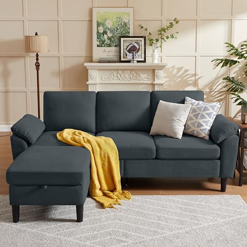 Pingliang Home 79" Convertible Sectional Sofa, Small L Shaped 3-Seat Couch with Reversible Chaise, Modern Linen Sofas Couches for Living Room, Apartment and Small Space, Dark Grey