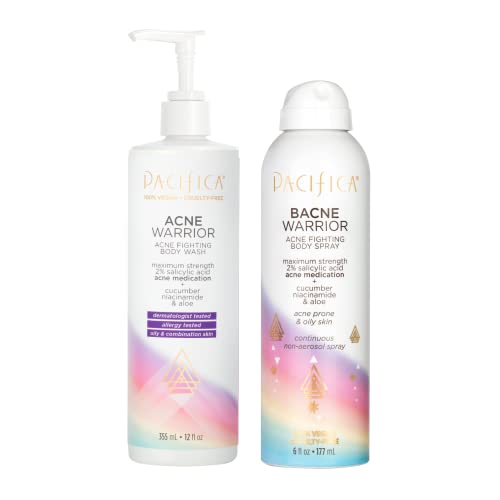 Pacifica Beauty | Bacne Warrior Acne Fighting Body Spray + Body Wash Set | Acne Treatment | 2% Salicylic Acid, Niacinamide, Cucumber & Aloe | Sensitive Skin Approved | Vegan and Cruelty Free