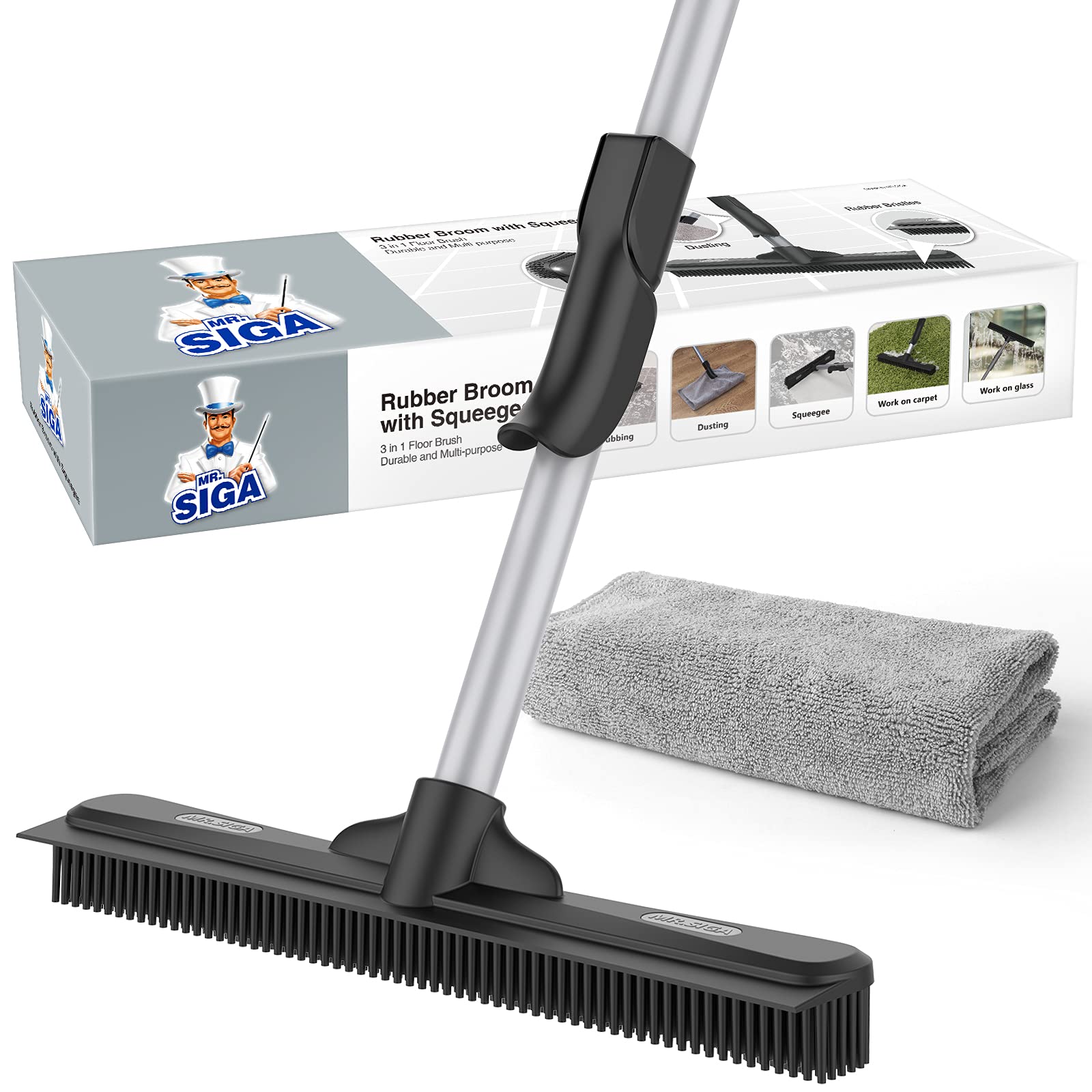 MR.SIGA Pet Hair Removal Rubber Broom with Built in Squeegee, 2 in 1 Floor Brush for Carpet, 62 inch Adjustable Handle, Includes One Microfiber Cloth for Floor Dusting