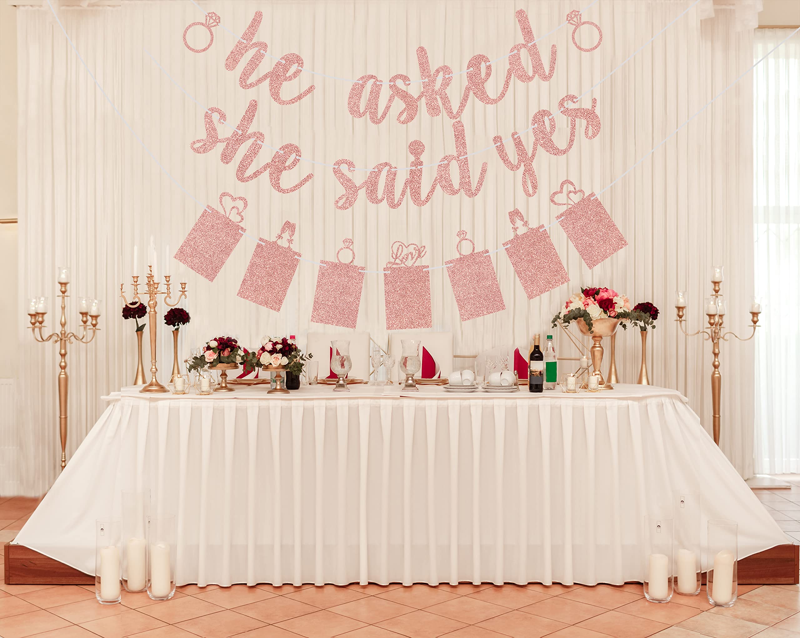 He Asked She Said Yes Banner, Engagement Banner and Photo Banner with Precious Memories, She Said Yes Decorations, Engagement Decorations, Engaged/wedding Party Decorations Rose Gold Glitter