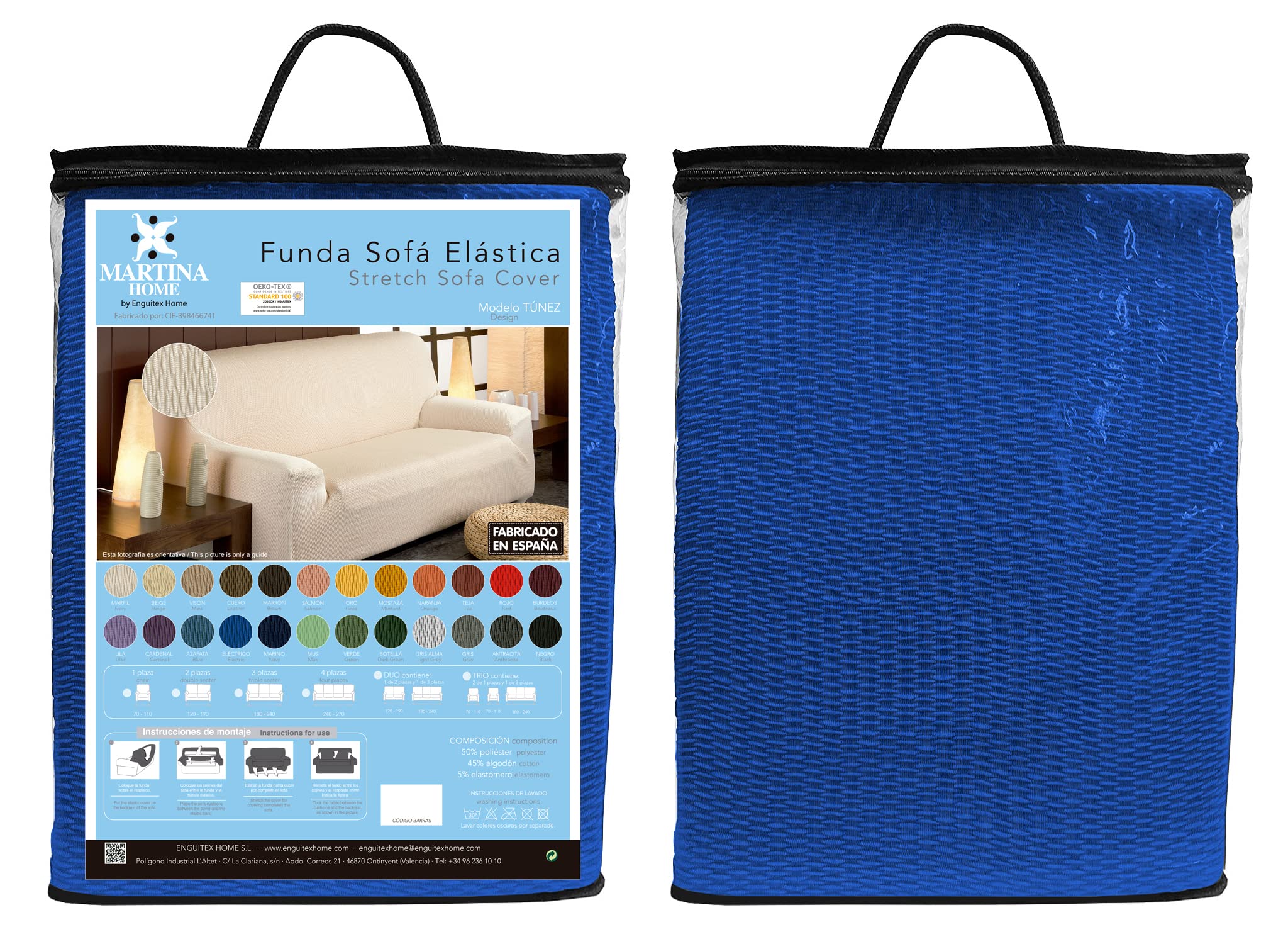 Martina Home - Elastic Cover for 4 Seater Sofa, Model TUNEZ, Color Blue Electric, Measure from 240 to 270 cm