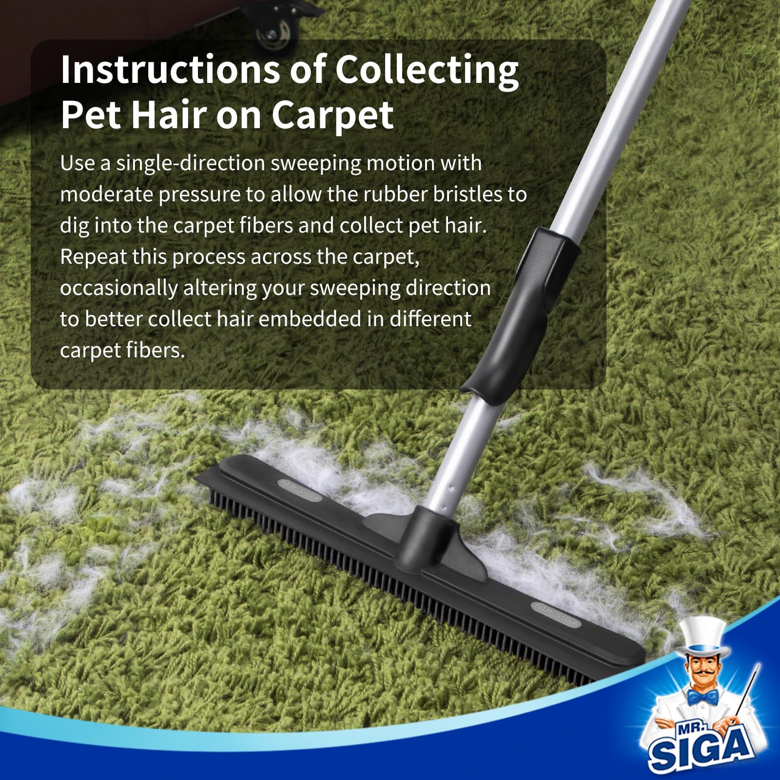 MR.SIGA Pet Hair Removal Rubber Broom with Built in Squeegee, 2 in 1 Floor Brush for Carpet, 62 inch Adjustable Handle, Includes One Microfiber Cloth for Floor Dusting