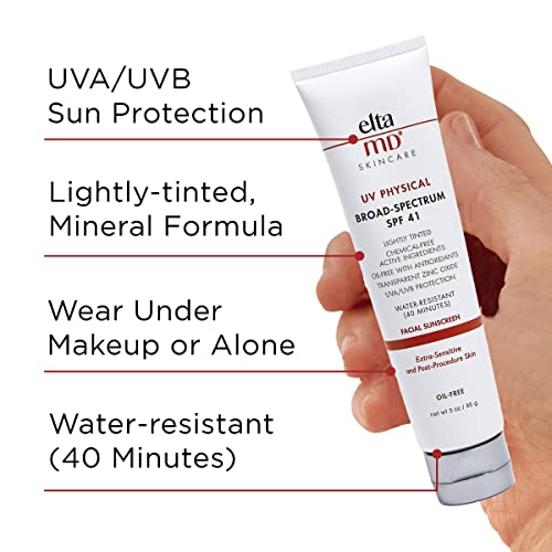 EltaMD UV Physical SPF 41 Tinted Mineral Sunscreen, Chemical-Free Actives Physical Sunscreen for Face, Protects Sensitive Skin and Post-Procedure Skin, Non-Greasy, Broad Spectrum Formula, 3.0 oz Tube