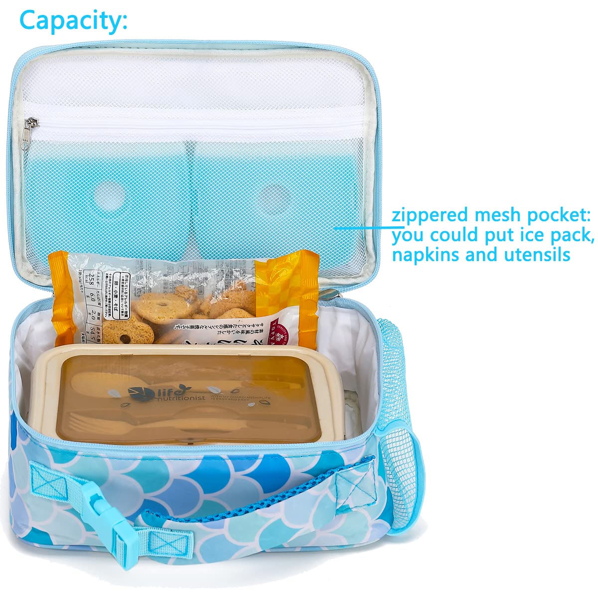 FlowFly Kids Lunch box with buckle Insulated Cooler Back to School Thermal Meal Tote Kit for Girls, Boys (Mermaid)
