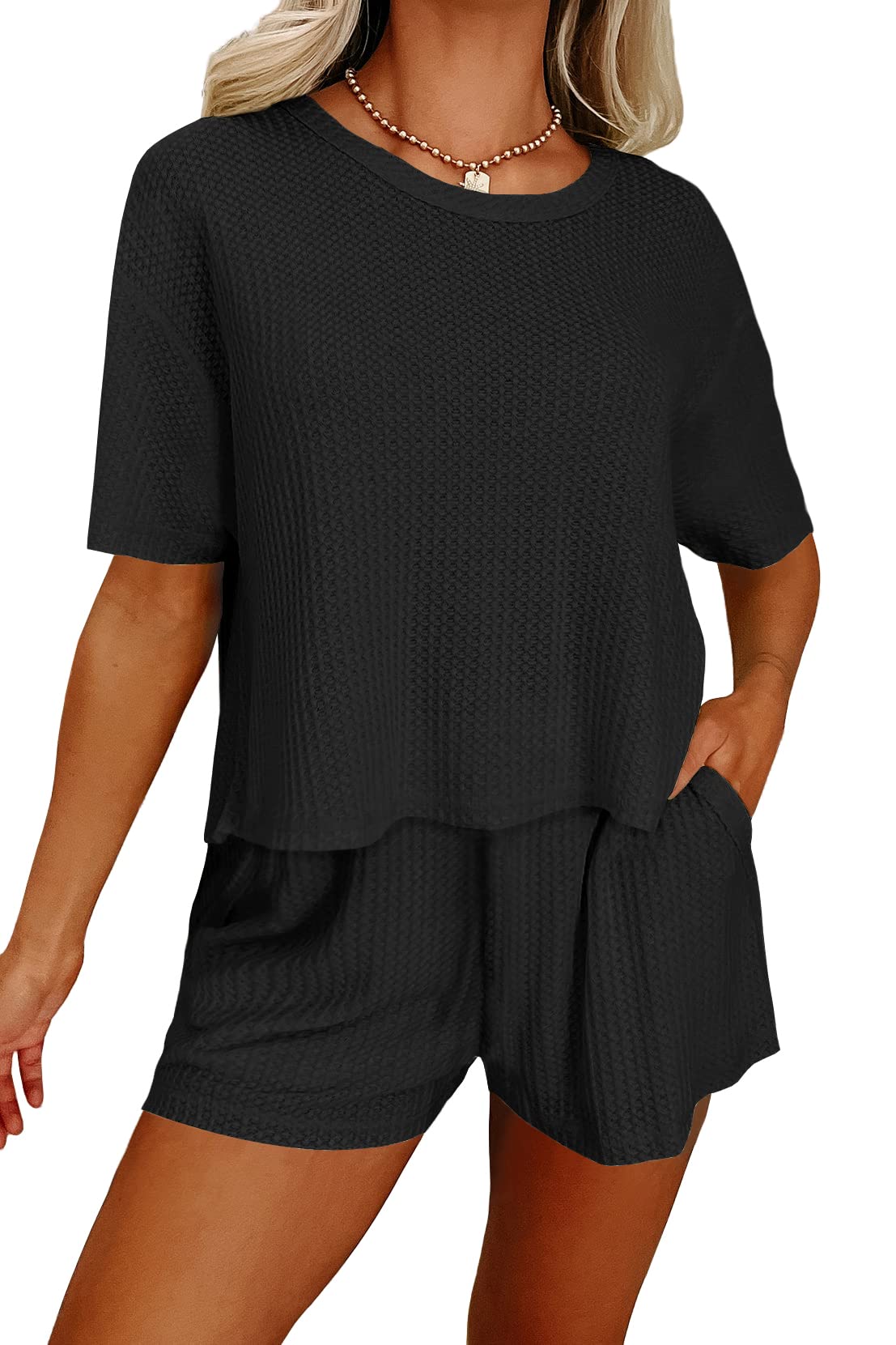 Ezbelle Womens 2023 Fall Fashion Crop Pullover Lounge Sets Two 2 Piece Pajama Sweatsuits Outfits Casual Soft Knit Loungewear Clothes Black Medium