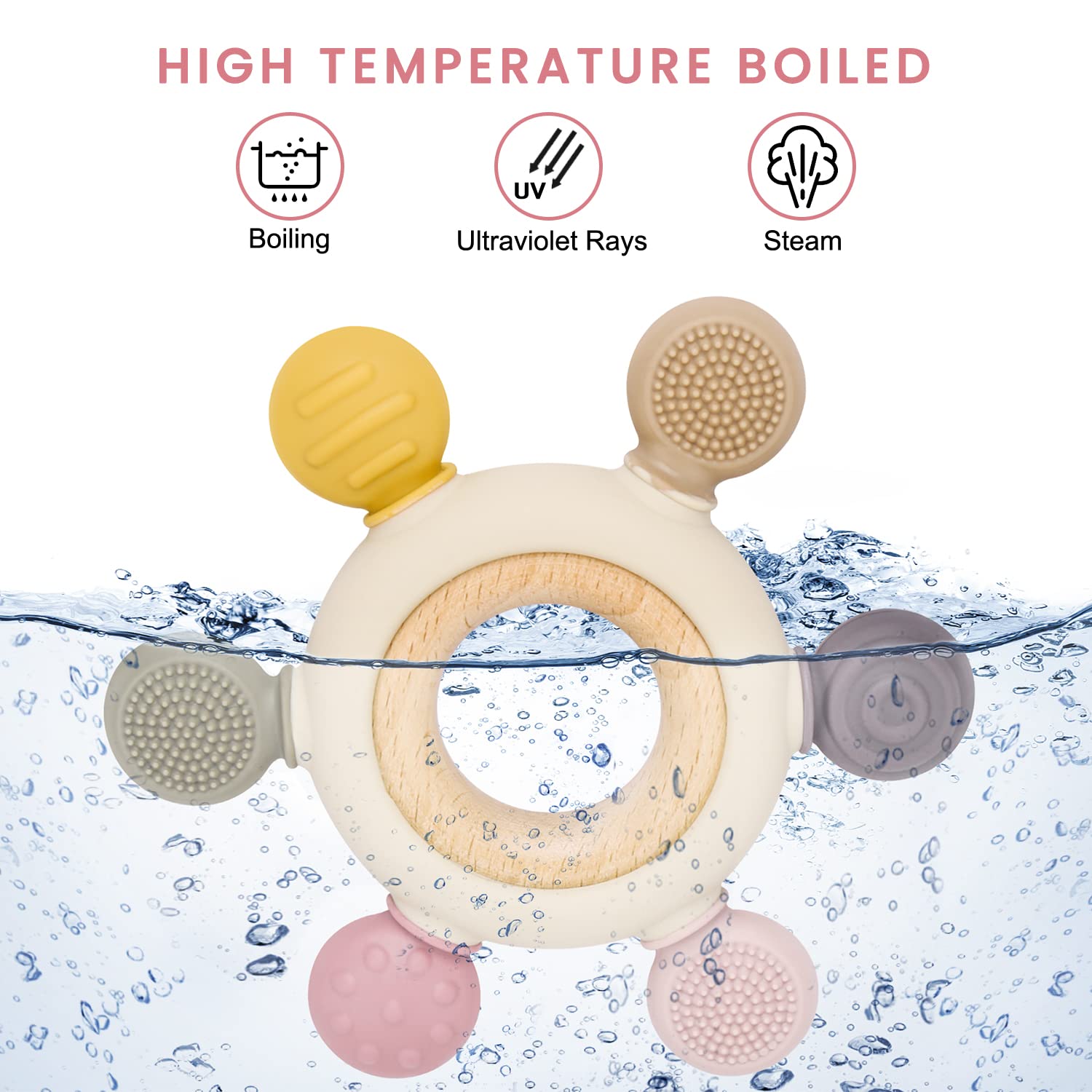 Baby Teething Toys Silicone Teethers BPA Free Silicone Rudder with Wooden Ring Soothe Babies Gums (Khaki)