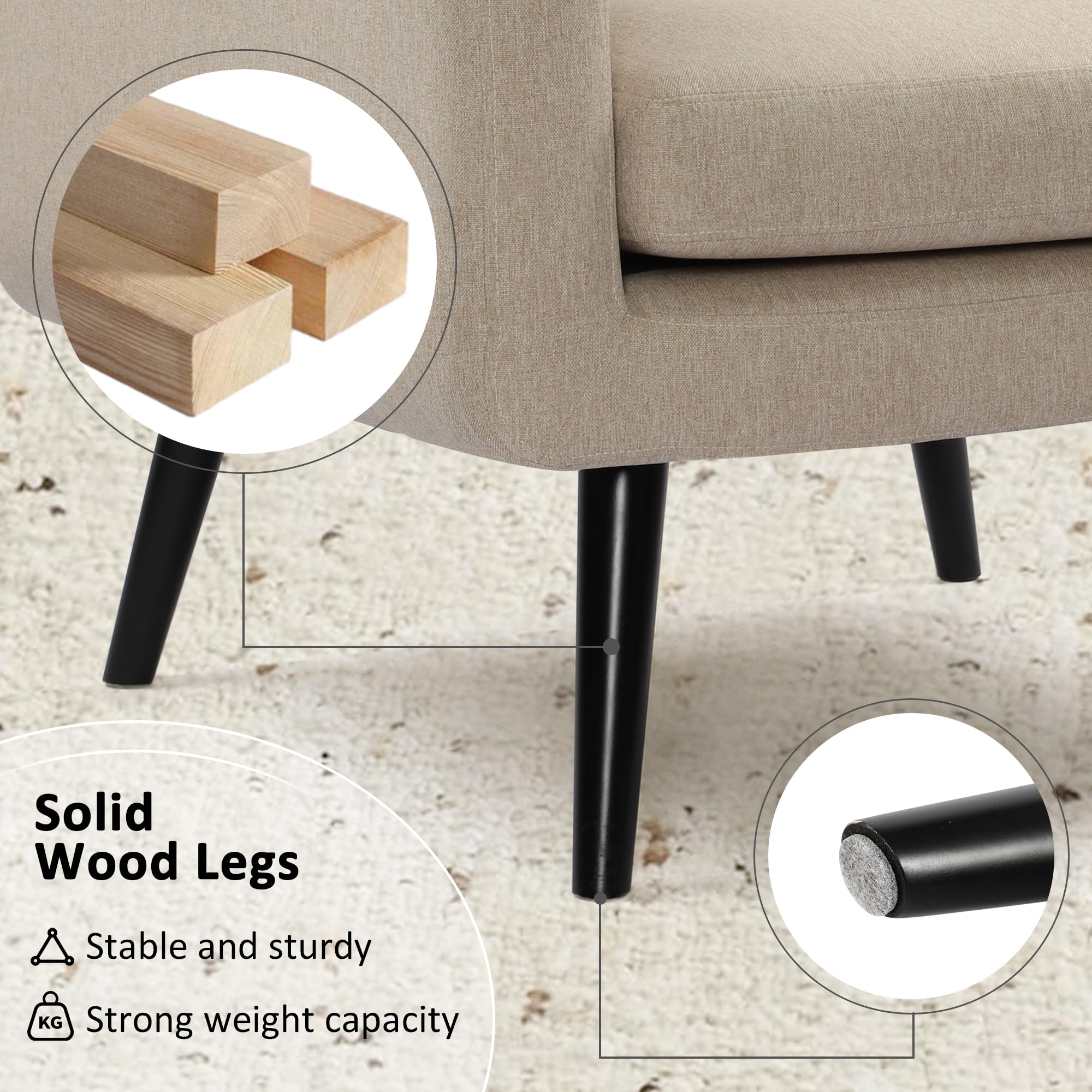 LSSPAID Modern Accent Chairs, Upholstered Fabric Cozy Armchairs, Living Room Side Chair with Solid Wood Legs, Beige