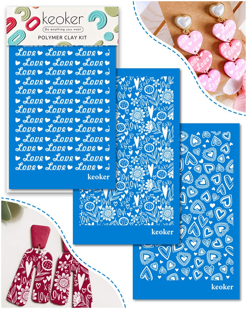 KEOKER Valentines Silk Screen Stencils for Polymer Clay, Valentines Silk Screen for Polymer Clay, 3PCS Valentine Silk Screen Polymer Clay, Heart Pattern Polymer Clay Stencil (Heart)